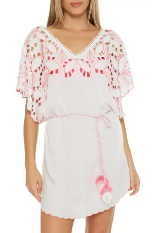 Trina Turk Lahaina Belted Cover-up Tunic Dress - White/ Geranium