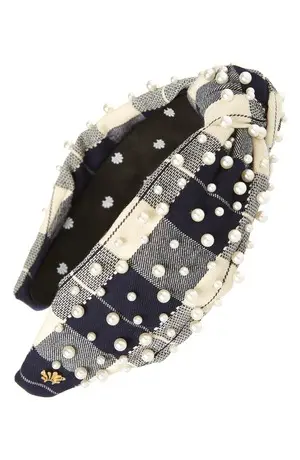 Lele Sadoughi Plaid Imitation Pearl Knotted Headband