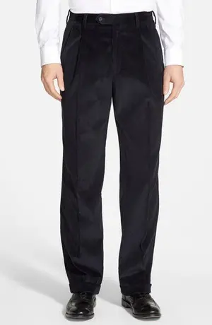 Berle Italian 8-wale Corduroy Pleated Trousers - Black