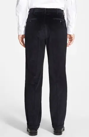 Berle Italian 8-wale Corduroy Pleated Trousers - Black