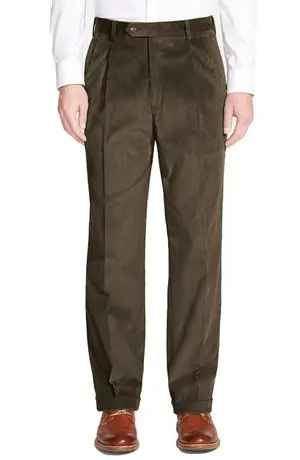 Berle Berle' Italian 8-Wale Corduroy Pleated Trousers Olive