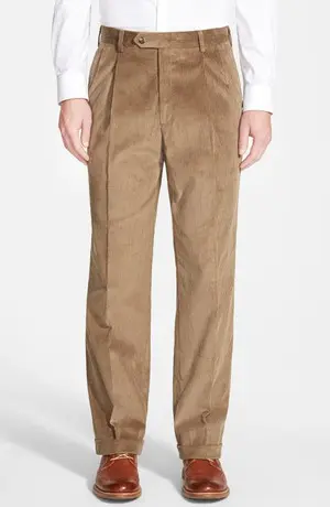 Berle Berle' Italian 8-Wale Corduroy Pleated Trousers Tan