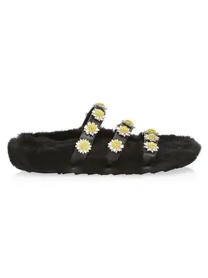 FABRIZIO VITI Women's Berkley Daisy Slides - Black Shearling - Size 6 Sandals - Black Shearling  - Black Shearling