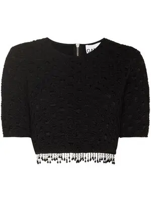 GANNI Beaded Tassels Crochet Crop Top - Black