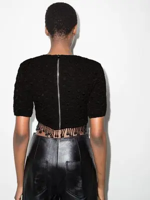 GANNI Beaded Tassels Crochet Crop Top - Black