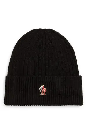 Moncler Moncler Grenoble Embroidered Logo Rib Wool Beanie Black