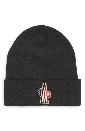 Moncler Moncler Grenoble Embroidered Logo Rib Wool Beanie Grey