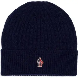 Moncler Embroidered Logo Rib Wool Beanie - Navy