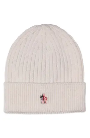 Moncler Moncler Grenoble Embroidered Logo Rib Wool Beanie Off White