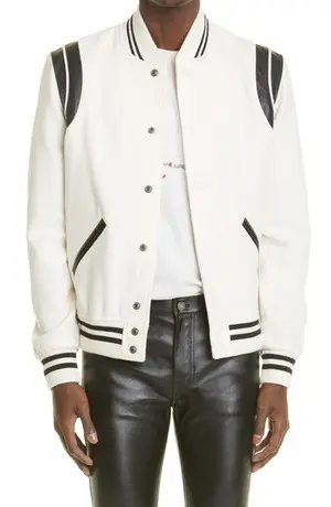 Saint Laurent Teddy Stretch Wool Varsity Jacket - Natural