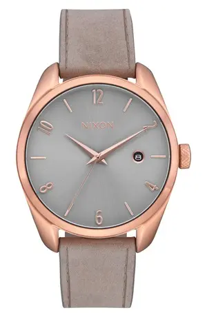 Nixon Nixon Thalia Leather Strap Watch Gray Sunray / Rose Gold / Gray