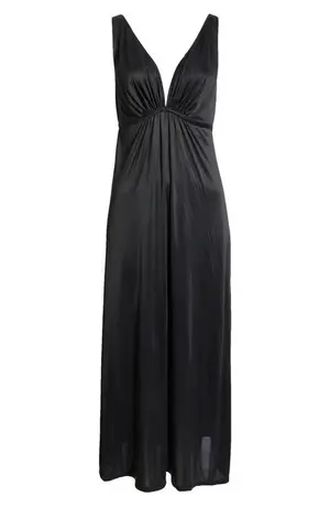 Natori Enchant Deep V-neck Satin Nightgown - Black W/ Ivory Lace