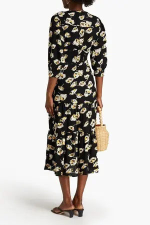 Ba&sh Ullia Gathered Floralprint Satinjacquard Midi Dress - Black