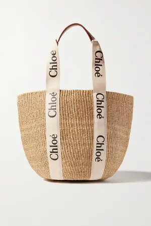 Chloé Net Sustain Woody Large Printed Canvas And Leather-trimmed Raffia Basket Bag