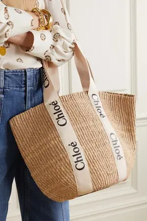Chloé Net Sustain Woody Large Printed Canvas And Leather-trimmed Raffia Basket Bag