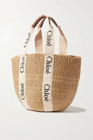 Chloé Net Sustain Woody Large Printed Canvas And Leather-trimmed Raffia Basket Bag