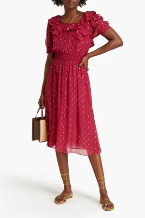 Ba&sh Romeo Ruffled Metallic Fil Coupé Georgette Midi Dress - Crimson