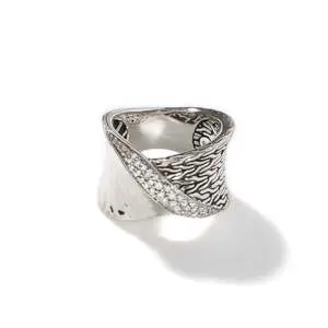 John Hardy Carved Chain Twisted Ring Diamonds - Silver