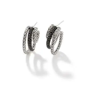 John Hardy Carved Chain Hoop Earrings Pav - Silver