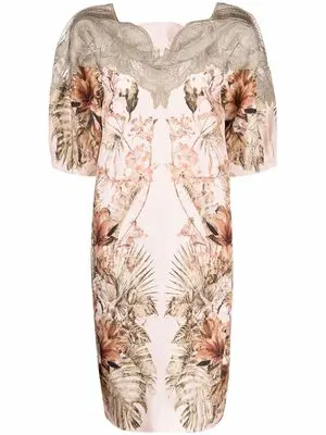Alberta Ferretti Macramé Detail Floral Print Shift Dress - Neutrals