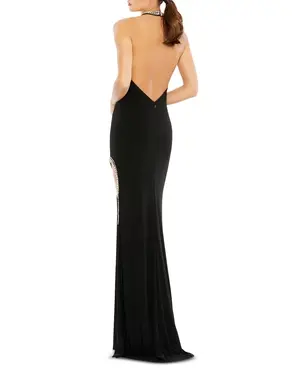 Mac Duggal High Slit Halter Gown With Rhinestone Accents - Black