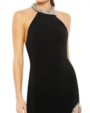 Mac Duggal High Slit Halter Gown With Rhinestone Accents - Black