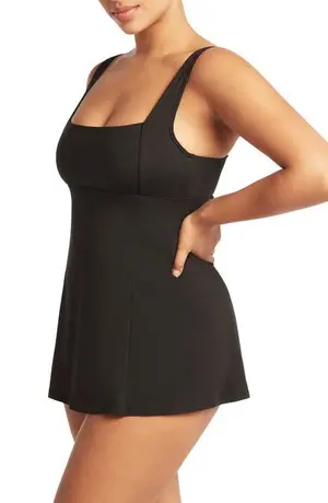 SEA LEVEL Square Neck One-piece Swimsuit Dress - Black