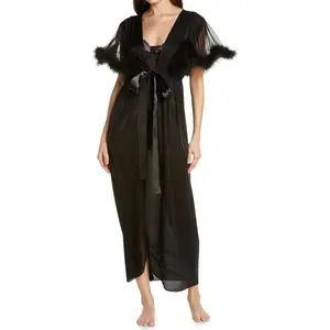 COQUETTE Feather Trim Robe - Black