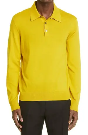 Zegna Long Sleeve Cotton & Cashmere Polo Md Yel Sld