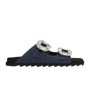 ROGER VIVIER Viv Denim Strass Dual-Buckle Slide Sandals - Blue