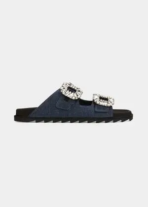 ROGER VIVIER Viv Denim Strass Dual-buckle Slide Sandals