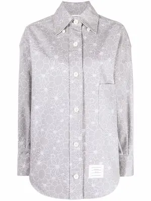 Thom Browne Floral Print Oversized Cotton Shirt - Grey