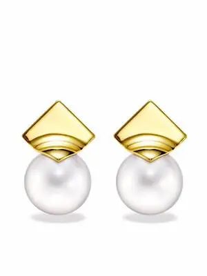 TASAKI 18kt Yellow Square Leaf Freshwater Pearl Stud Earrings - Gold