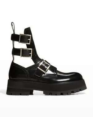 Alexander McQueen Rave Calfskin Buckle Loafer Boots - Black/silver