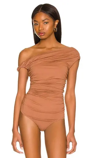 AGOLDE Hilma Twist Sleeve Bodysuit In Tan