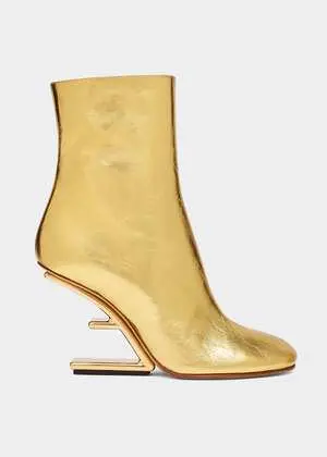 Fendi Metallic Lambskin F-Heel Ankle Booties - Gold
