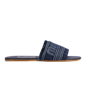 Miu Miu Frayed Denim Logo Flat Sandals - Bleu