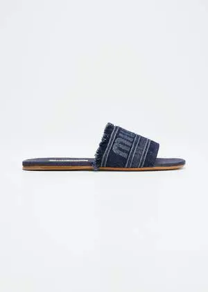 Miu Miu Frayed Denim Logo Flat Sandals
