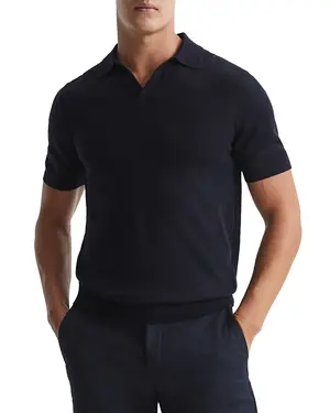 REISS Duchie Short Sleeve Open Collar Merino Polo Shirt Navy