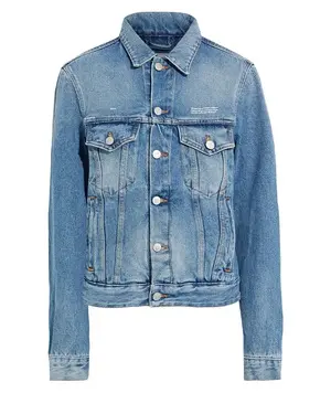 Off-White Faded Embroidered Printed Denim Jacket Blue