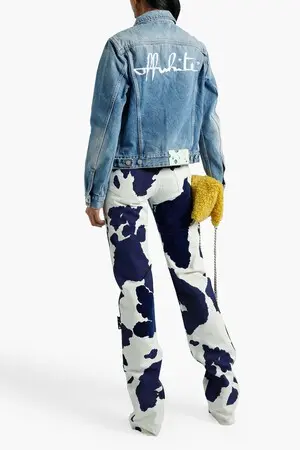 Off-White Faded Embroidered Printed Denim Jacket Blue