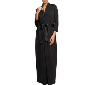 Fleur't Satin Tie Stretch Knit Robe - Black