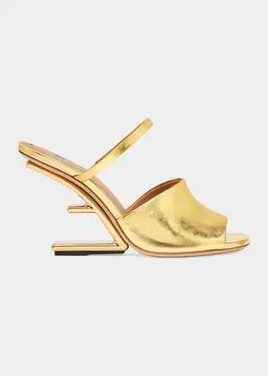 Fendi Metallic Lambskin F-Heel Mules - Gold