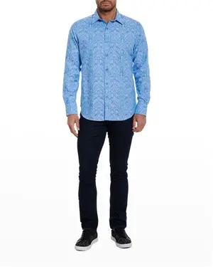 Robert Graham Men & Apos;s Highland Stretch Cotton Jacquard Sport Shirt Light Blue