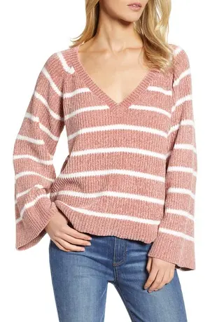 &.LAYERED Stripe V-Neck Pullover Blush/ White