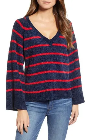 &.LAYERED Stripe V-neck Pullover - Navy/red