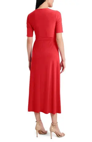 Chaus V-neck Belted Midi Dress - Red
