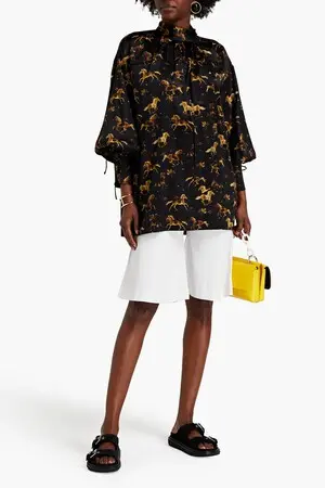 GANNI Tieneck Printed Stretchsilk Satin Tunic - Black