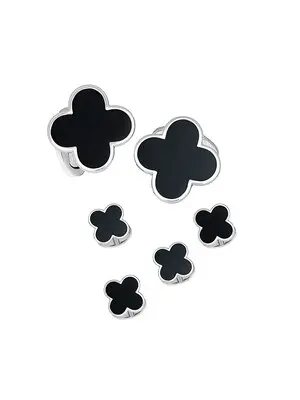 JAN LESLIE Clover Rhodium-plated Onyx 6-piece Cufflinks & Shirt Stud Set - Black