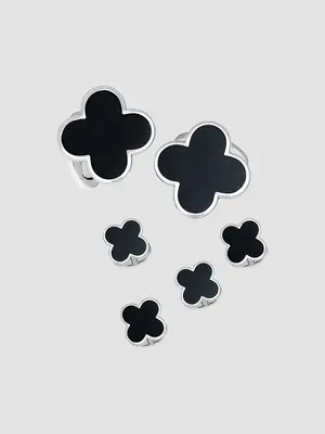 JAN LESLIE Clover Rhodium-plated Onyx 6-piece Cufflinks & Shirt Stud Set - Black